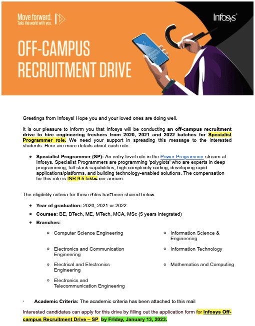 Infosys Off Campus Drive 2023 | Freshers| 9.5 LPA | BE/ BTech/ MTech/ MSc/ MCA | 2020 –2022 ...